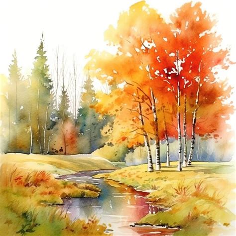 Premium AI Image Watercolor Autumn Landscape Watercolor Painting Leaf