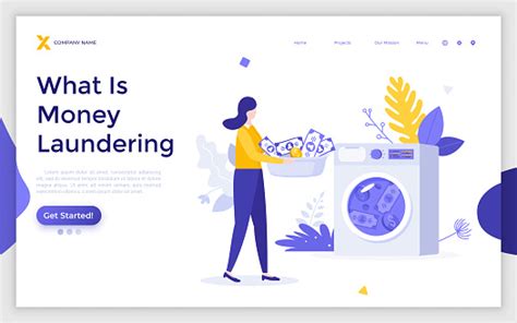 1달러 지폐와 동전으로 가득 찬 대야를 세탁기로 옮기는 여성이 있는 랜딩 페이지 자금 세탁 불법 금융 활동의 개념 현대 벡터 일러스트 레이 션 웹 배너 가공의 인물에 대한