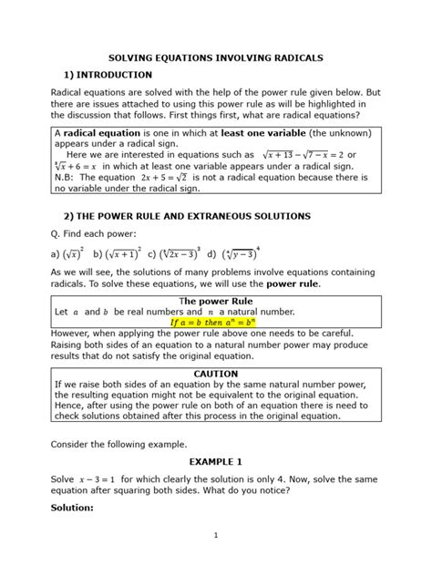 Solving Equations Involving Radicals Pdf Equations Applied