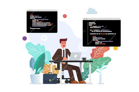 Premium Vector Male Programmer Writing Code On Laptop