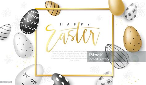 벡터 일러스트 레이 션의 부활절 날 인사말 배너 템플릿 손 글자 레이블행복 한 부활절현실적인 흰색 검은 색과 금색 계란 개념에 대한 스톡 벡터 아트 및 기타 이미지 Istock