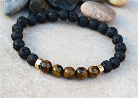 Mens Lava And Tigers Eye Gemstone Braceletessential Etsy
