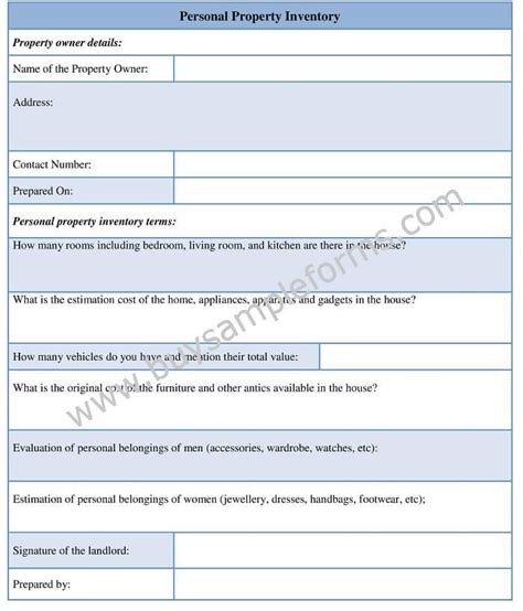 Personal Property Inventory Form Template Word Download Personal