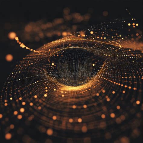 Abstract Golden Particle Wave Flow With Sphere In Dark Background For