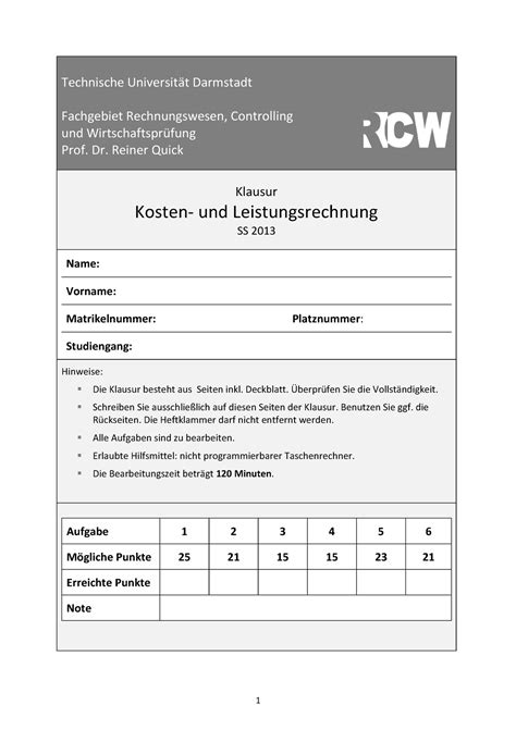 Klausur KLR mit Lösungskizze Technische Universität Darmstadt Fachgebiet Rechnungswesen