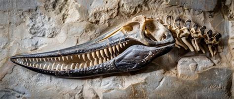 Closeup Of A Fossilized Ichthyosaur Skull And Jaw Premium Ai