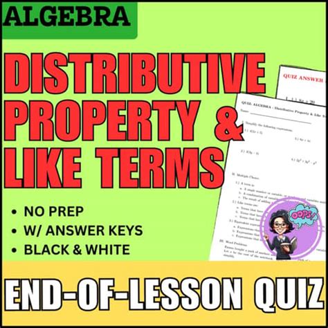 Distributive Property And Combining Like Terms Algebra Quiz With Answers