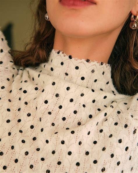 The Polka Dot Mock Neck Knit Top Long Sleeve Printed Lace Trim Knit