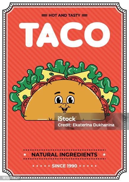 복고풍 그루비 만화 캐릭터 패스트 푸드 포스터 사이키델릭한 미소와 감정이 있는 빈티지 마스코트 타코 펑키 벡터 일러스트 레이 션 1960 1969 년에 대한 스톡 벡터 아트