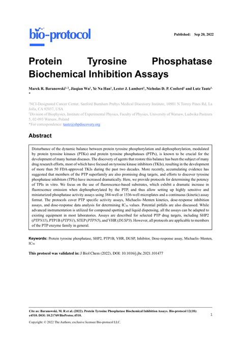 Pdf Protein Tyrosine Phosphatase Biochemical Inhibition Assays