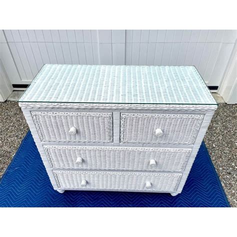 Mid 20th Century Wicker Chest Of Drawers In Fresh White Lacquer With