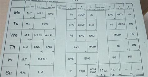 Grade 1 Podar International School Gandhinagar New Time Table Class 1 A