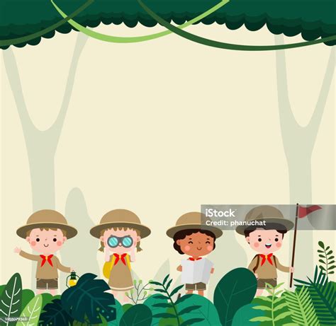어린이 여름 캠프 배경 교육 배너 템플릿 어린이 스카우트 그룹은 숲에서 긴 산책을 하고 광고 브로셔 만화 포스터 전단지 텍스트 벡터 일러스트레이션 아이에 대한 스톡 벡터