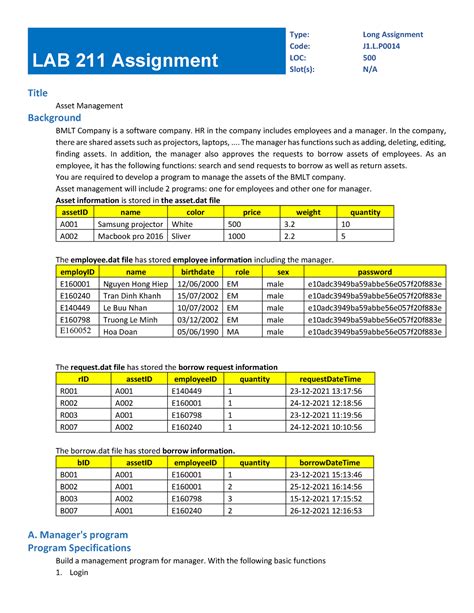 J1 L P0014 Asset Management Manager 500 LAB 211 Assignment Type