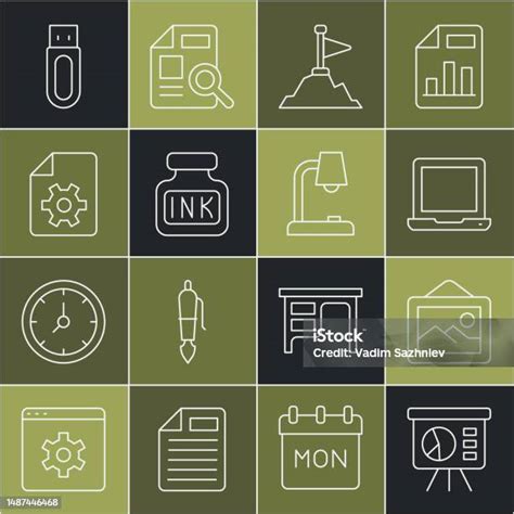 그래프 그림 풍경 노트북 산 플래그 켜기 잉크병 문서 설정 Usb 플래시 드라이브 및 테이블 램프 아이콘이 있는 라인 보드를 설정합니다 벡터 Usb 케이블에 대한 스톡 벡터