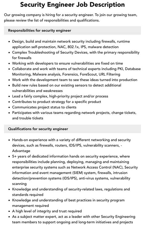 Security Engineer Job Description Velvet Jobs