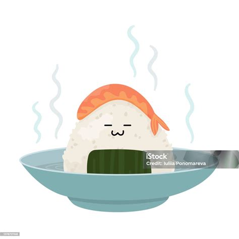 새우를 곁들인 전통 일본 요리 오니기리 접시에 재미 행복 한 캐릭터 오무수비 니기리메시 또는 주먹밥 만화 스타일의 벡터