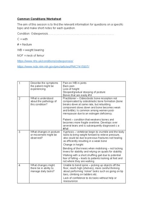 Osteoperosis Common Conditions Worksheet The Aim Of This Session Is