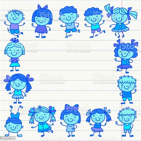 아이 들 학교 유치원과 프레임입니다 행복 한 아이 들 창의력 상상력 낙서 아이콘 아이 들과 함께입니다 재생 하 고 연구 하 고