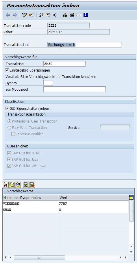 Wie lege ich eine Pflegetransaktion für Tabellen an regotz