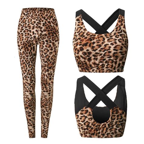 Women Yoga Set Leopard Print Gym Fitness Back Cross Clothes Running