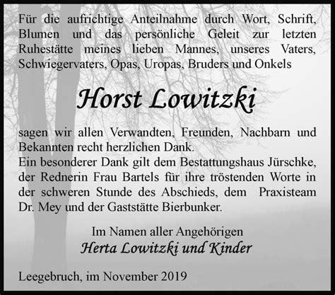 Traueranzeigen Von Horst Lowitzki Märkische Onlinezeitung Trauerportal