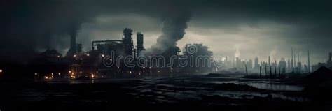 Industrial Scene With Towering Smokestacks Emitting Plumes Of Smoke