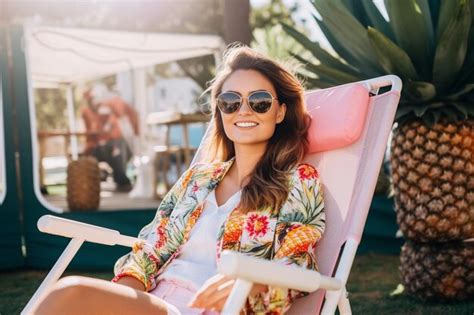 A Woman Is Sitting In A Lawn Chair Wearing Sunglasses Premium Ai
