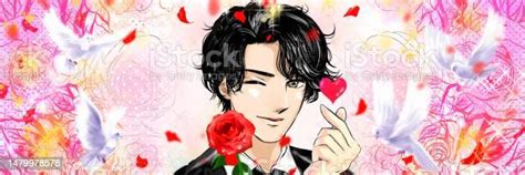 Shoujo 만화 스타일의 넓은 크기의 삽화는 한 손에 빨간 장미와 함께 윙크와 손가락 하트로 초대하는 검은 머리 파마 잘 생긴