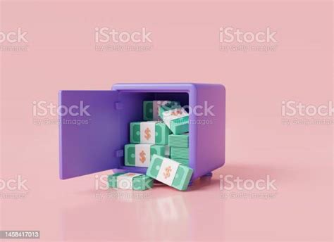 안전 상자 아이콘에 있는 지폐의 3d 렌더링 그림 돈 절약에 대한 개념입니다 현금 달러 지폐 성장 돈 금융 보안 분홍색 파스텔