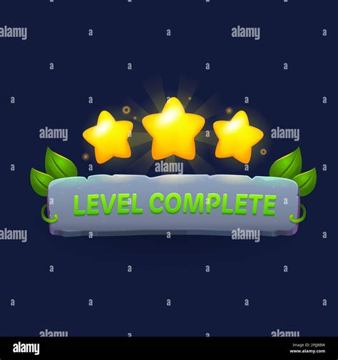Game Level Complete Badge Or Icon With Golden Stars Green Leaves And Stone Plate Isolated Ui