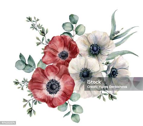 수채화 빨간색과 흰색 네모 꽃다발입니다 손으로 그린 Colorul 꽃 흰색 배경에 고립 된 유 칼 리 나무 잎 디자인 직물 인쇄 또는 배경 그림 꽃 나무에 대한 스톡 벡터