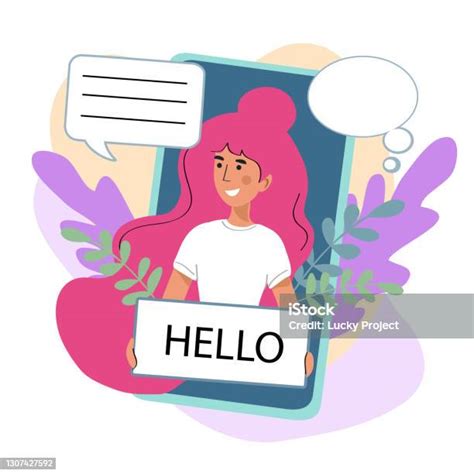 분홍색 머리를 가진 소녀가 전화와 대화 구름에서 들여다 보세요 통신 개념 긍정적인 감정 표현에 대한 스톡 벡터 아트 및 기타