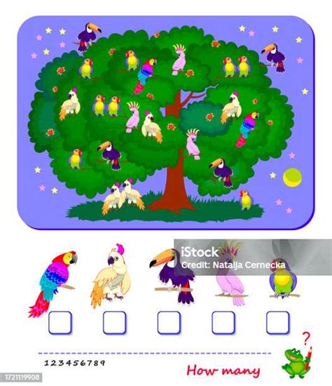 어린이를 위한 수학 교육 앵무새의 양을 세고 숫자를 씁니다 학교 교과서에 대한 워크 시트입니다 어린이 활동 시트입니다 주의를 끌기 위한 게임 작업입니다 논리 퍼즐 플랫