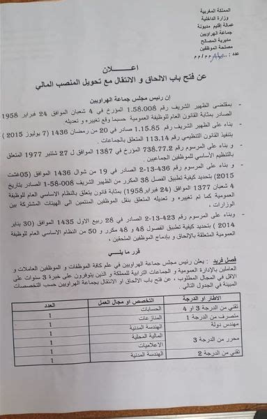 إعلان عن فتح باب الالحاق أو الانتقال لشغل مناصب مالية بجماعة الهراويين