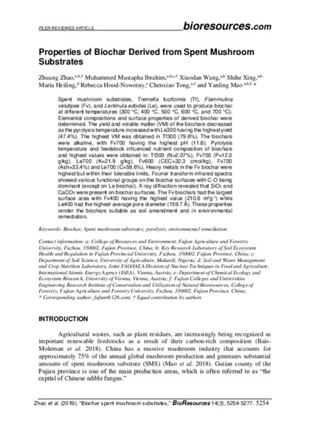 Pdf Properties Of Biochar Derived From Spent Mushroom Substrates