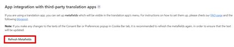 all possible options to translate the cookie bar and preferences popup