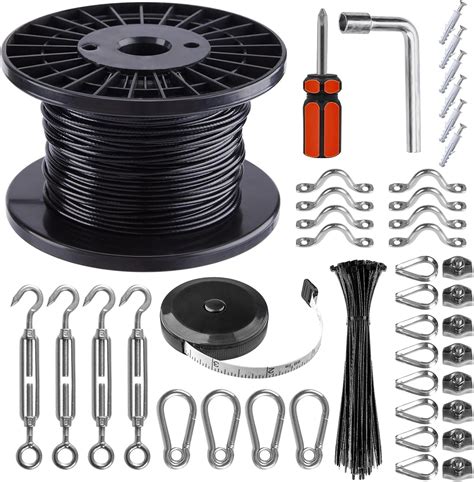 Outdoor String Lights Hanging Kit With 200ft Black Vinyl Coated Stainless Steel 304 Rope Cable
