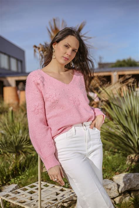 Pull Rose A Perles By Izea V Tements Pour Femme