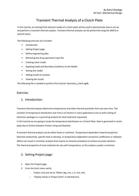 Transient Thermal Analysis Of A Clutch Plate In Ansys Pdf