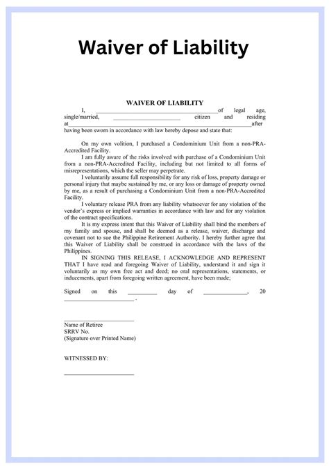 Sample Printable Liability Waiver Example Forms Template 2023
