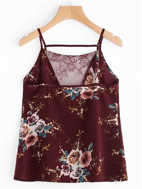 Floral Print Lace V Neck Cami Top Sheinsheinside