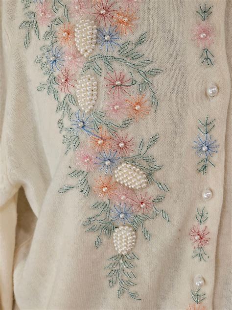 1950s White Angora Beaded Cardigan Sweater With Faux Pearls Etsy
