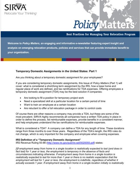 Temporary Domestic Assignments Irs And Tax Implications