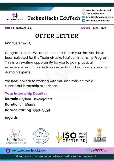 saranya r on linkedin pythondevelopment internship technohacksedutech