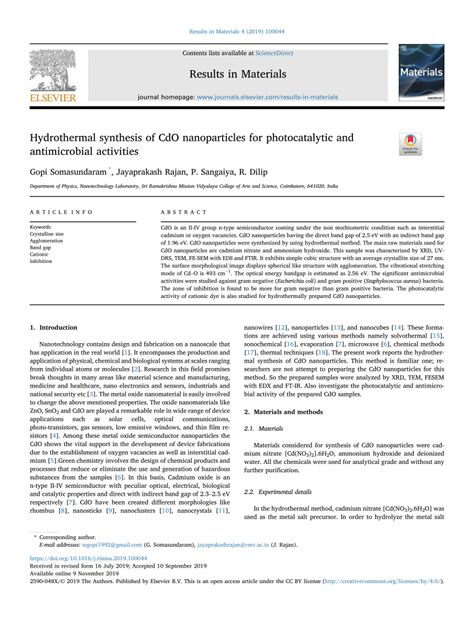 Pdf Hydrothermal Synthesis Of Cdo Nanoparticles For Photocatalytic And Antimicrobial Activities