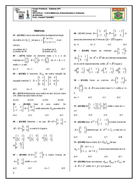Matrizes Determinantes E Sistemas Lineares Sandro Carvalho Pdf