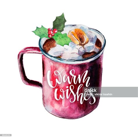 제 퍼 홀리와 구문 따뜻한 소원과 커피 한잔 수채화 손으로 그린 개체 흰색 배경에 고립 크리스마스 카드와 새 해 그림입니다 0명에 대한 스톡 벡터 아트 및 기타 이미지