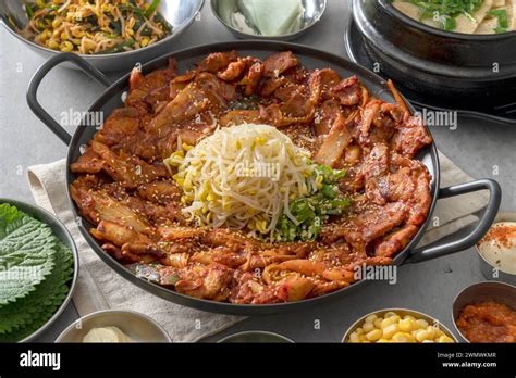 Korean Food Dish Grilled Pork Kimchi Potato Pancake Egg Roll Kimchi