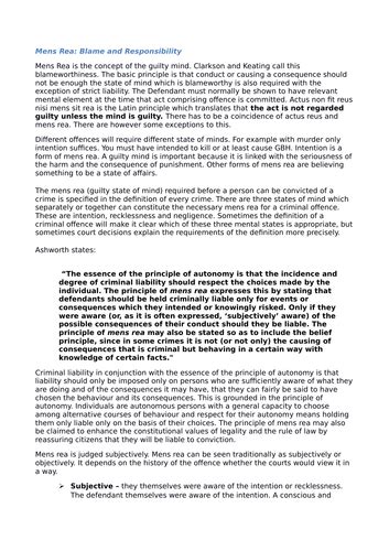Mens Rea And Actus Reus Case Law And Notes Teaching Resources